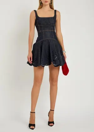 SELF-PORTRAIT Panelled Embroidered Denim Mini Dress - Blue