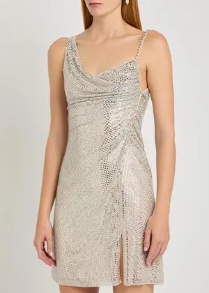 SELF-PORTRAIT Crystal Embellished Draped Stretch-tulle Mini Dress