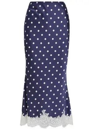 SELF-PORTRAIT Polka Dot Lace-trim Satin Midi Skirt - Navy