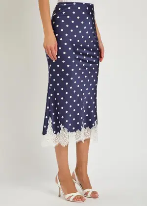 SELF-PORTRAIT Polka Dot Lace-trim Satin Midi Skirt - Navy