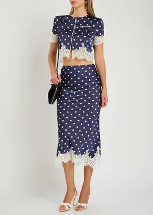 SELF-PORTRAIT Polka Dot Lace-trim Satin Midi Skirt - Navy