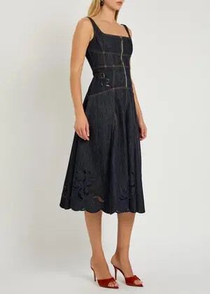 SELF-PORTRAIT Panelled Embroidered Denim Midi Dress
