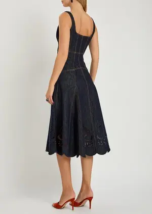 SELF-PORTRAIT Panelled Embroidered Denim Midi Dress
