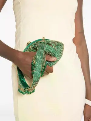 SLO_HAND_MADE Emerald Beaded Fringed Clutch
