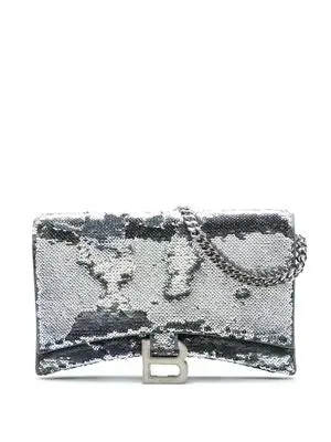 Balenciaga Nappa Sequin Hourglass Wallet On Chain Crossbody Bag - Silver