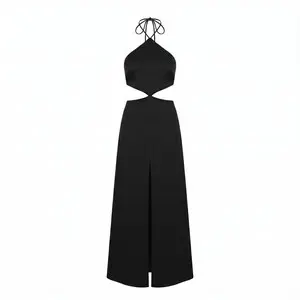 NOMI FAME Gaia Halter Neck Gown With Center Slit - Black