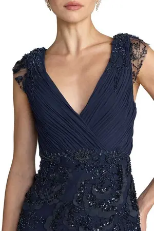 Mac Duggal Petite Floral Beaded Chiffon V-neck Evening Gown - Midnight