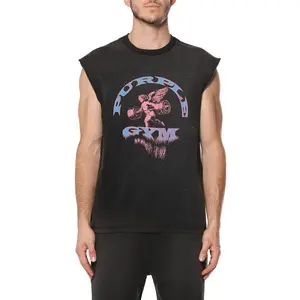 PURPLE BRAND Textured Sleeveless Cotton Graphic T-shirt - Black