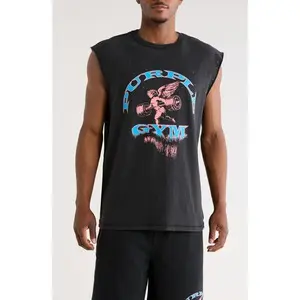 PURPLE BRAND Textured Sleeveless Cotton Graphic T-shirt - Black