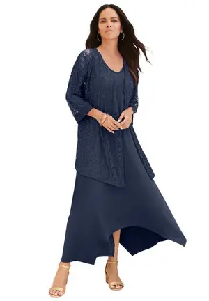 ROAMAN'S Stretch Lace Dress And Jacket Set - Navy