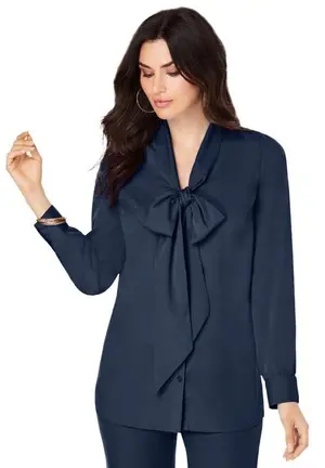 ROAMAN'S Long Sleeve Bow Blouse - Navy
