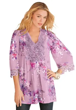 ROAMAN'S Juliet Lace Trim Button-down Shirt - Multicolored