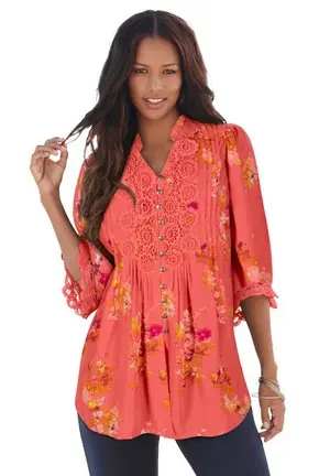 ROAMAN'S Juliet Lace Trim Button-down Shirt - Orange