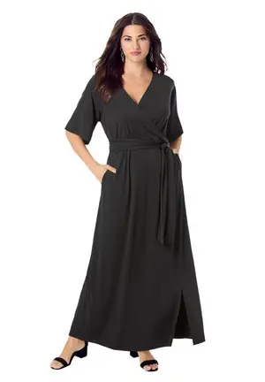 ROAMAN'S Roaman's Flutter Sleeve Wrap Maxi Dress Black