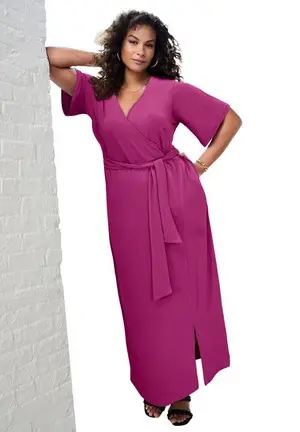 ROAMAN'S Flutter Sleeve Wrap Maxi Dress - Raspberry