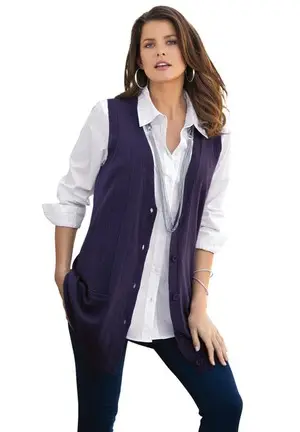 Roaman's Drop Needle Vest Lightweight Sweater Knit - Navy