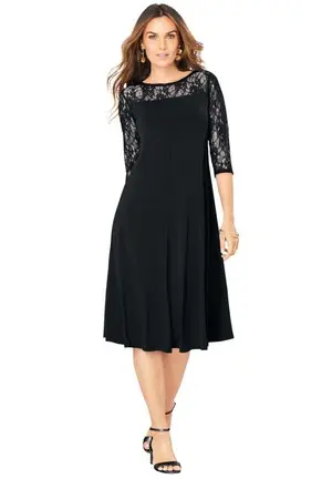 ROAMAN'S 3/4 Sleeve Allover Lace Swing Dress - Black