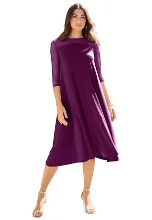 ROAMAN'S 3/4 Sleeve Allover Lace Swing Dress - Dark Berry