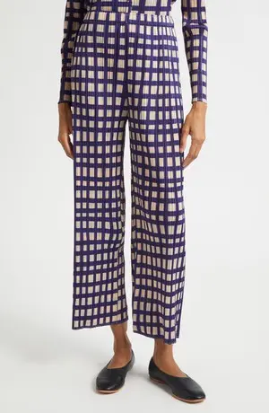 Issey Miyake Basket Print Pleated Crop Straight Leg Pants