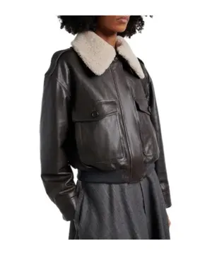Brunello Cucinelli Dark Brown Leather Cropped Bomber Jacket