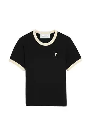 AMI Paris Contrasted Cotton T-shirt With De Coeur Embroidery - Black