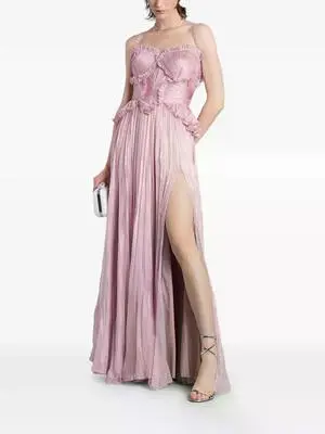 IRIS SERBAN Rose Pleated Maxi Dress With Ruffled Trim