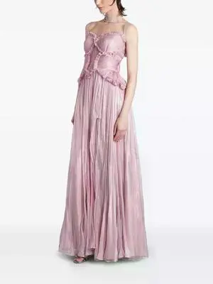 IRIS SERBAN Rose Pleated Maxi Dress With Ruffled Trim