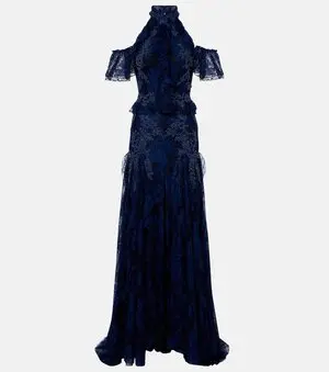 Costarellos Embellished Halterneck Lace Gown - Blue