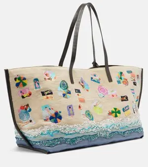 Staud Christos Large Beaded Canvas Tote Bag