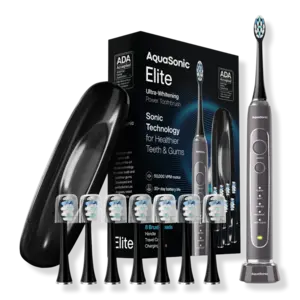 AQUASONIC Elite Rechargeable Electric Toothbrush With 8 Brush Heads & Travel Case - Charcoal