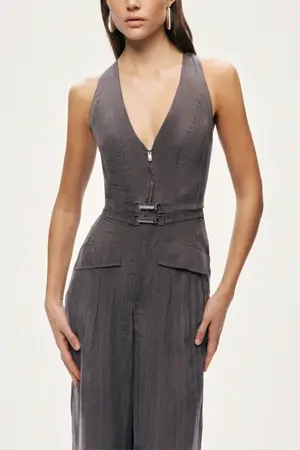 NOCTURNE Sleeveless V-neck Metal Belt Detail Jumpsuit In Tencel