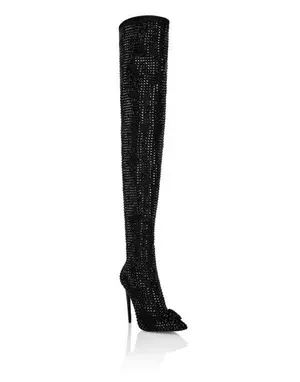 Philipp Plein Suede Strass Boots Hi-heels Overknees Gothic Plein - Black/black