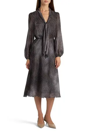 Santorelli Midi Dress With Drop Tie Neck In Micro-dot Print