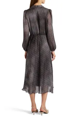 Santorelli Midi Dress With Drop Tie Neck In Micro-dot Print
