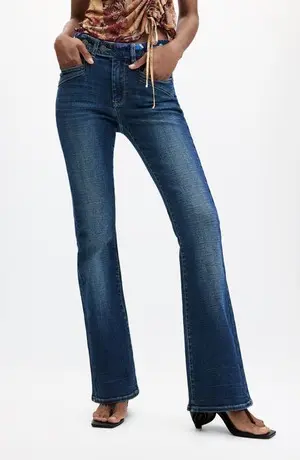 Desigual Embroidered Waistband Flare Leg Jeans - Medium Blue