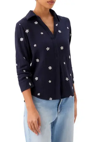 Karen Kane Embroidered Ruched Sleeve Cotton Gauze Shirt