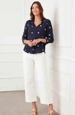 Karen Kane Embroidered Ruched Sleeve Cotton Gauze Shirt