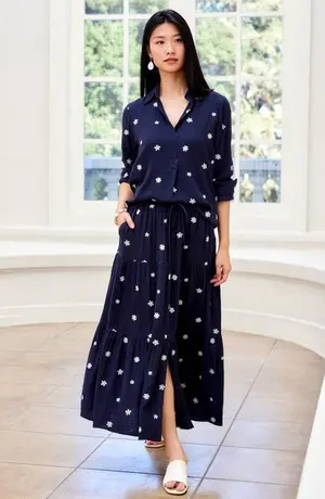 Karen Kane Embroidered Ruched Sleeve Cotton Gauze Shirt
