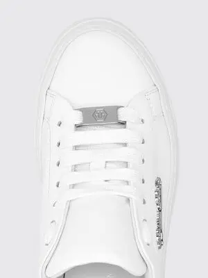 Philipp Plein Low Top Smooth Leather Sneakers With Applied Metal Logo - White