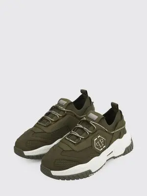 Philipp Plein Low-top Sneakers In Crochet Knit And Leather With Metallic Hexagon Logo - Green