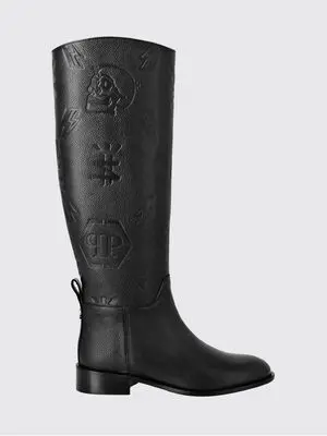 Philipp Plein Knee-high Boots In Grained Leather With Embossed Hexagon Logo - Black