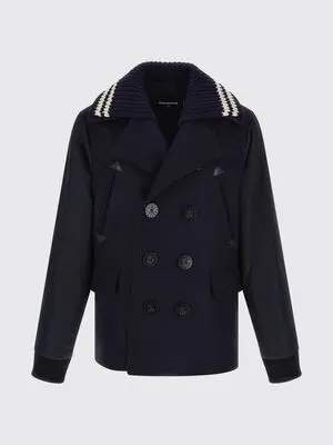 Dsquared2 Double-breasted Wool Blend Peacoat With Ribbed Lapel Collar - Blue