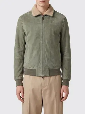 Canali Suede Leather Bomber Jacket With Fur Collar And Elasticated Hem - Olive