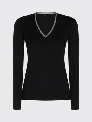 Fabiana Filippi Long-sleeved V-neck T-shirt In Cotton With Contrast Trims - Blue