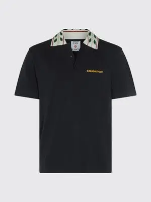 Casablanca Striped Collar Embroidered Logo Cotton Polo - Navy
