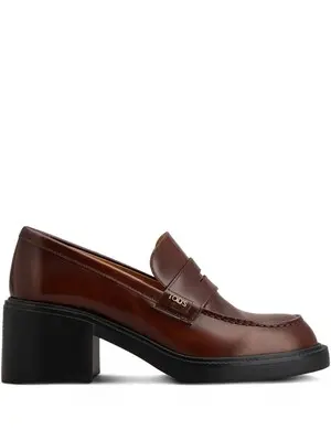 TOD'S Leather Heeled Penny Loafers - Brown