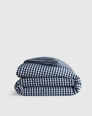 Quince Organic Crisp Percale Gingham Duvet Cover - Navy