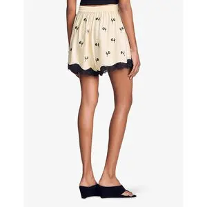 Sandro Floral-embroidered Drawstring-waist Woven Shorts