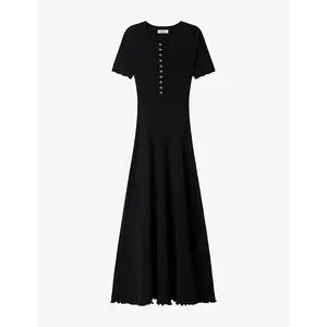 Sandro Round-neck Ribbed-knit Stretch-woven Maxi Dress - Black