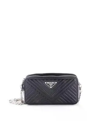 Prada Double Zip Wallet On Chain Crossbody Chevron Leather Mini Shoulder Bag - Black